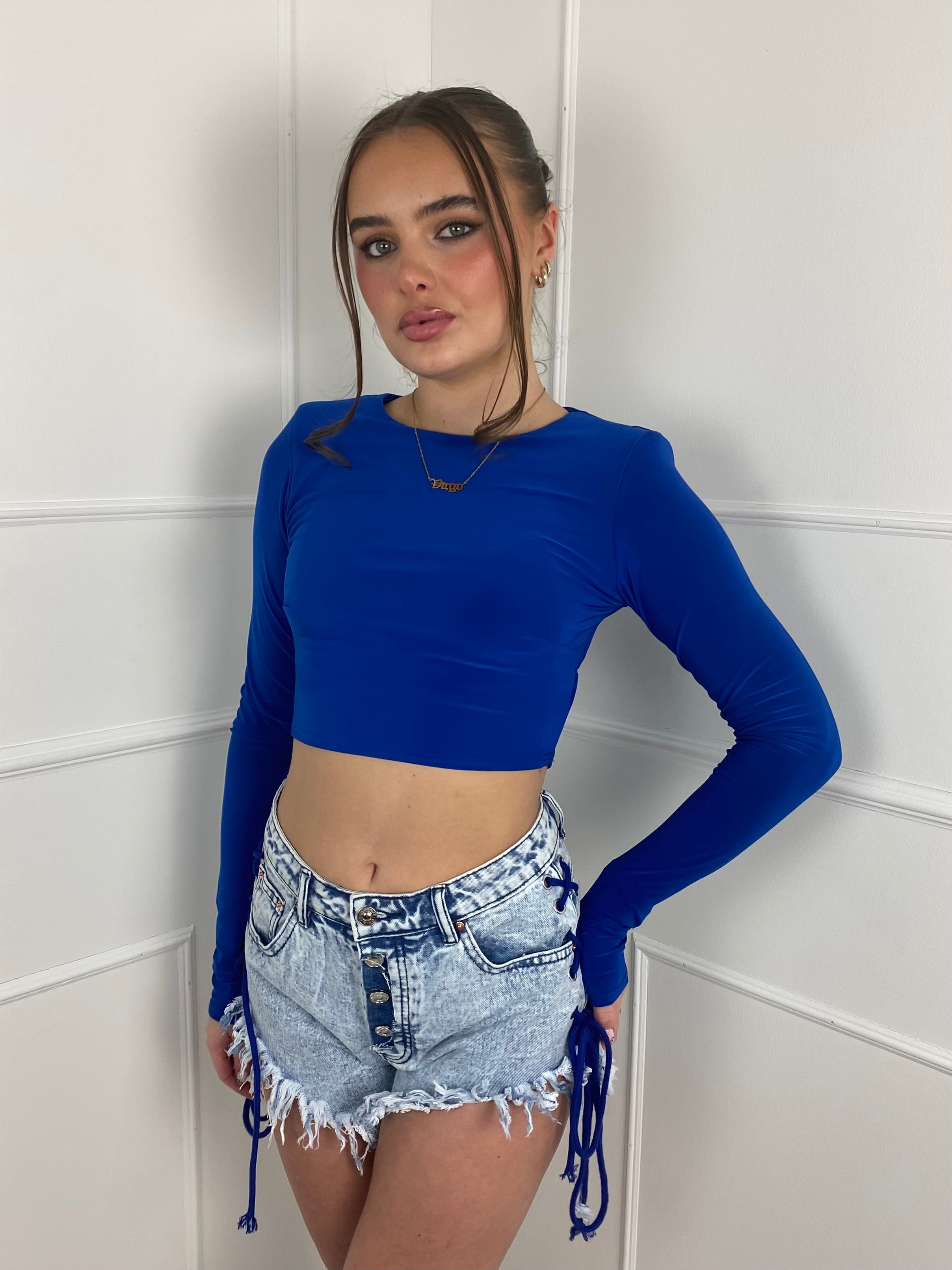 Padded Shoulder Long Sleeve Crop Top Royal Blue