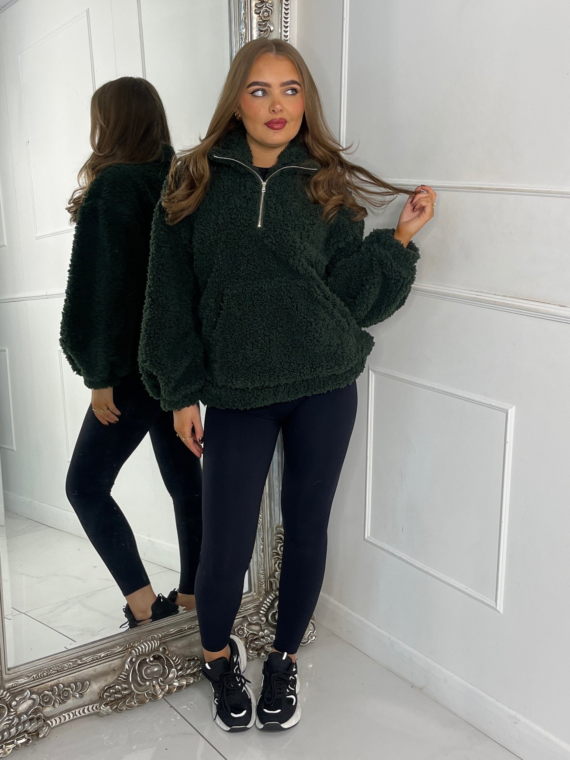 Plain Half Zip Teddy Fleece Jacket - Khaki