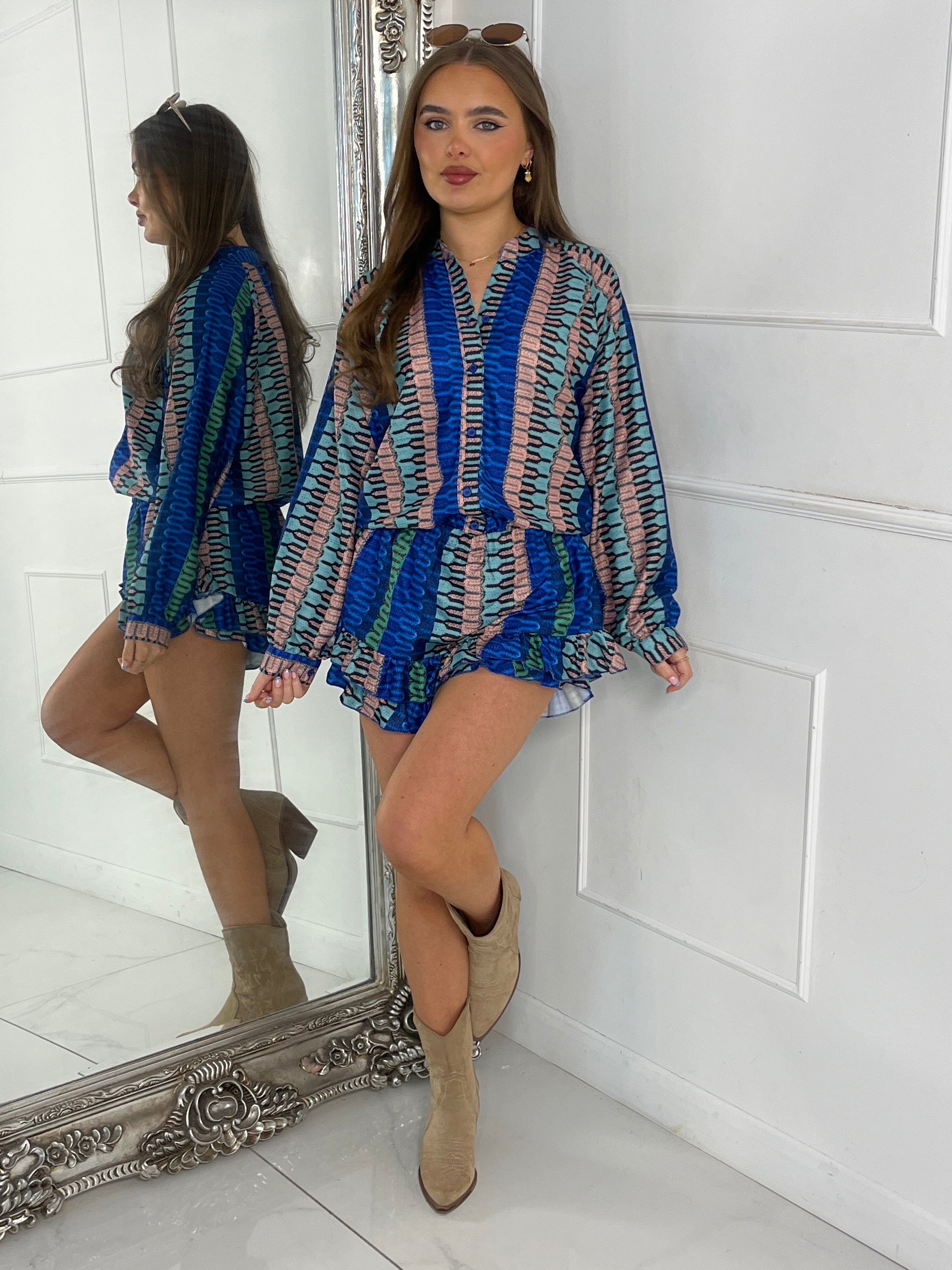Matching Long Sleeve Shirt and Frill Skort Set - Blue Multi